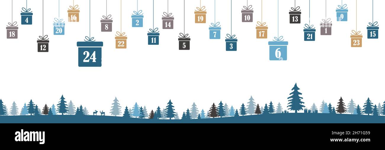 hanging christmas presents colored blue with numbers 1 to 24 showing ...