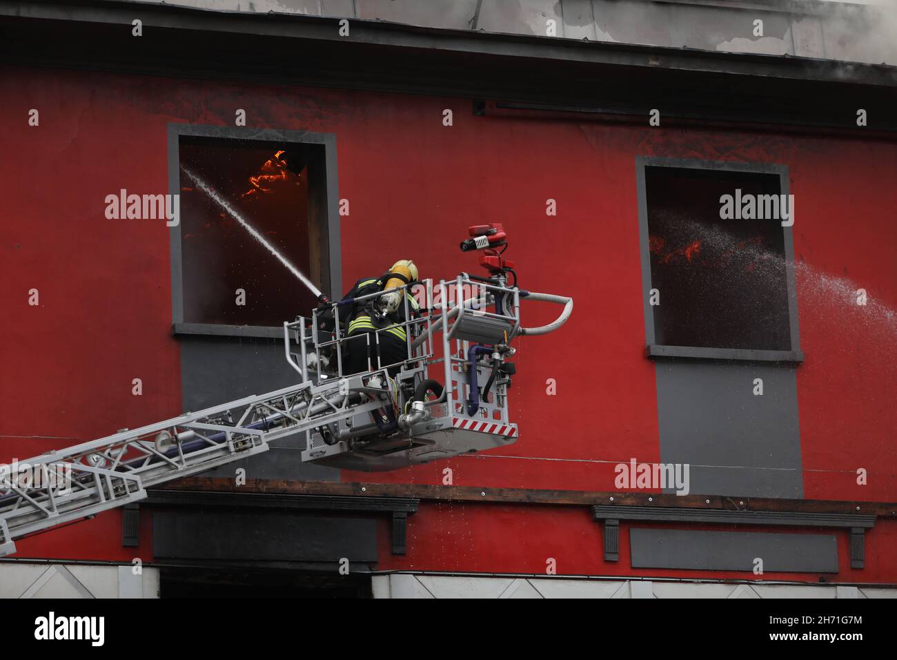 Sofia, Bulgaria - November 9, 2021: Firefighters put out a fire in a ...