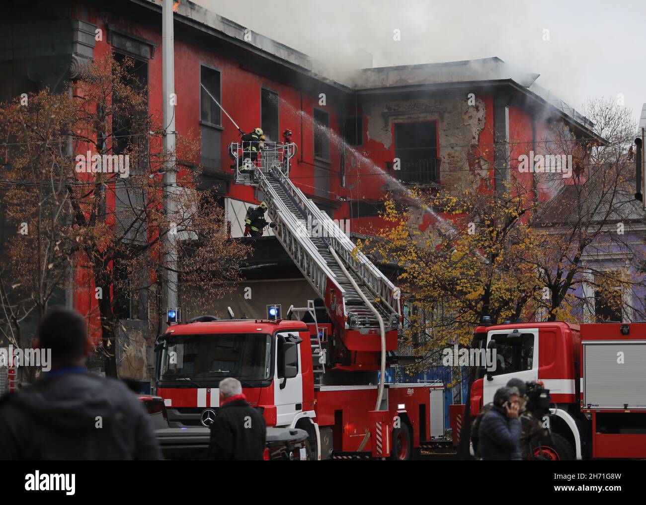 Sofia, Bulgaria - November 9, 2021: Firefighters put out a fire in a ...
