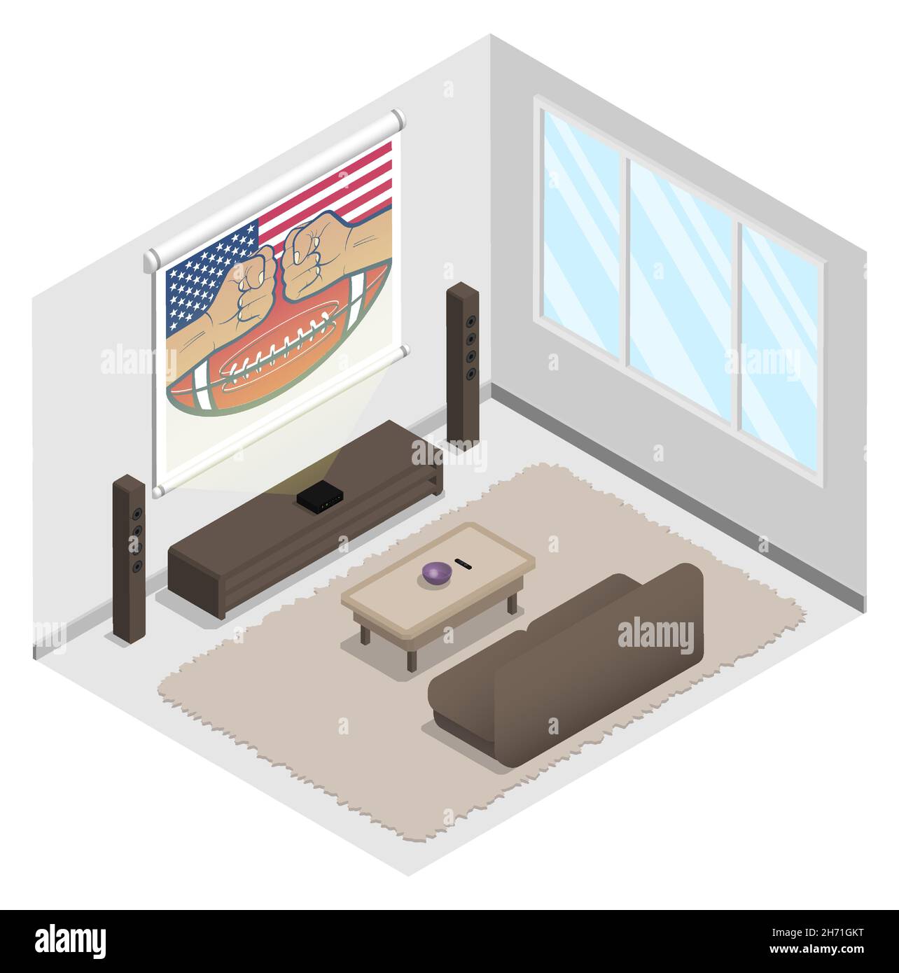 Isometric living room. Home theater with speakers and projector screen ...