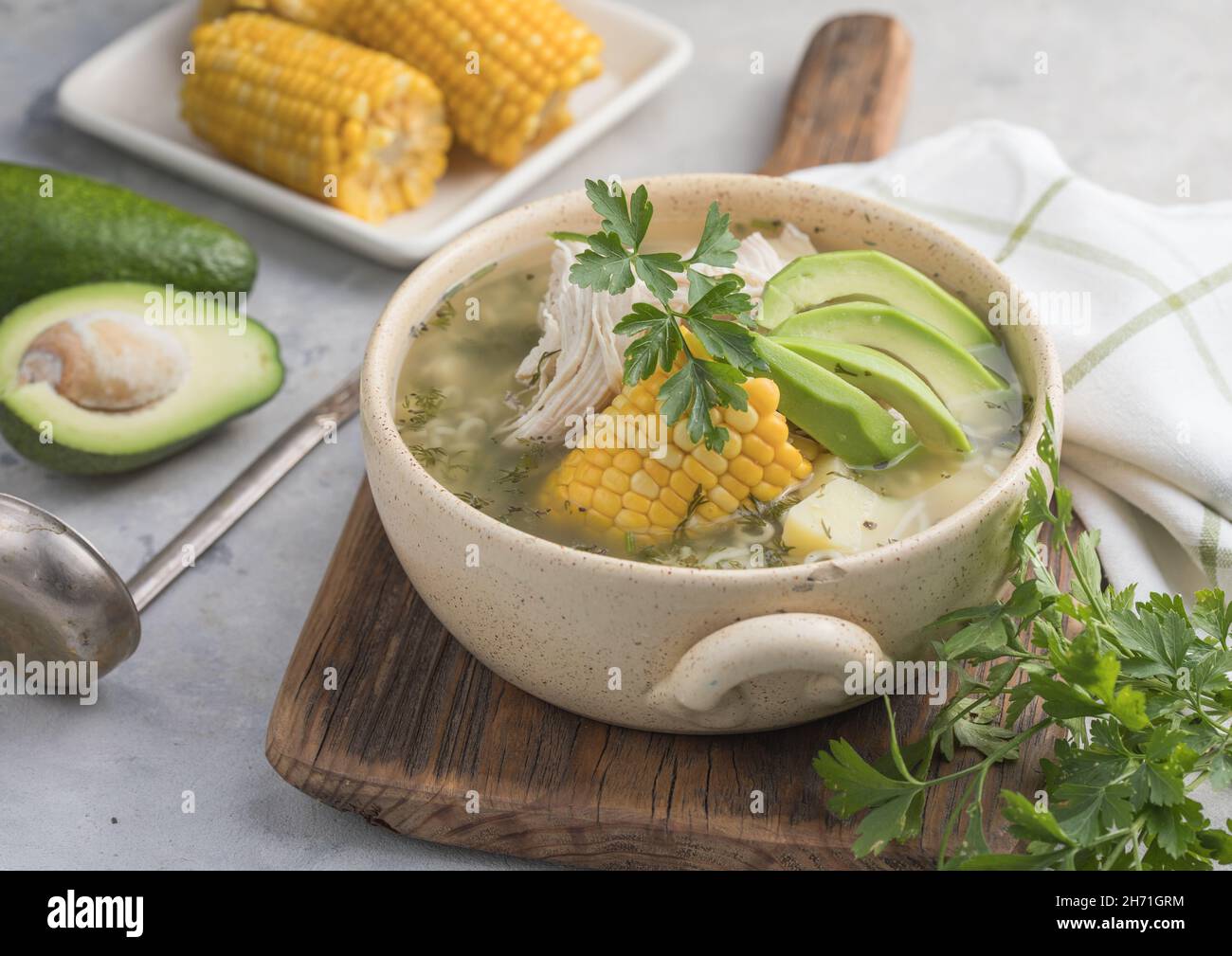 Traditional Ajiaco Colombiano - Colombian Soup with potato, chicken ...