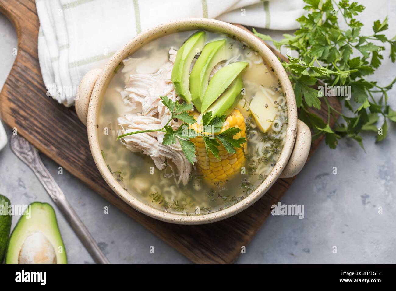 Traditional Ajiaco Colombiano - Colombian Soup with potato, chicken ...