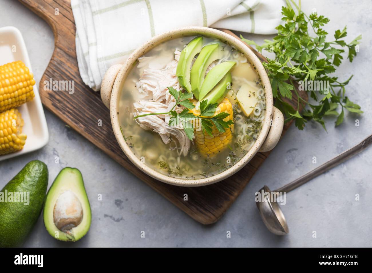 Traditional Ajiaco Colombiano - Colombian Soup with potato, chicken ...