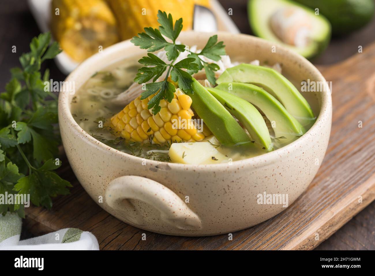 Traditional Ajiaco Colombiano - Colombian Soup with potato, chicken ...