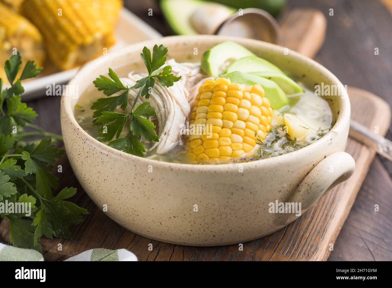 Traditional Ajiaco Colombiano - Colombian Soup with potato, chicken ...