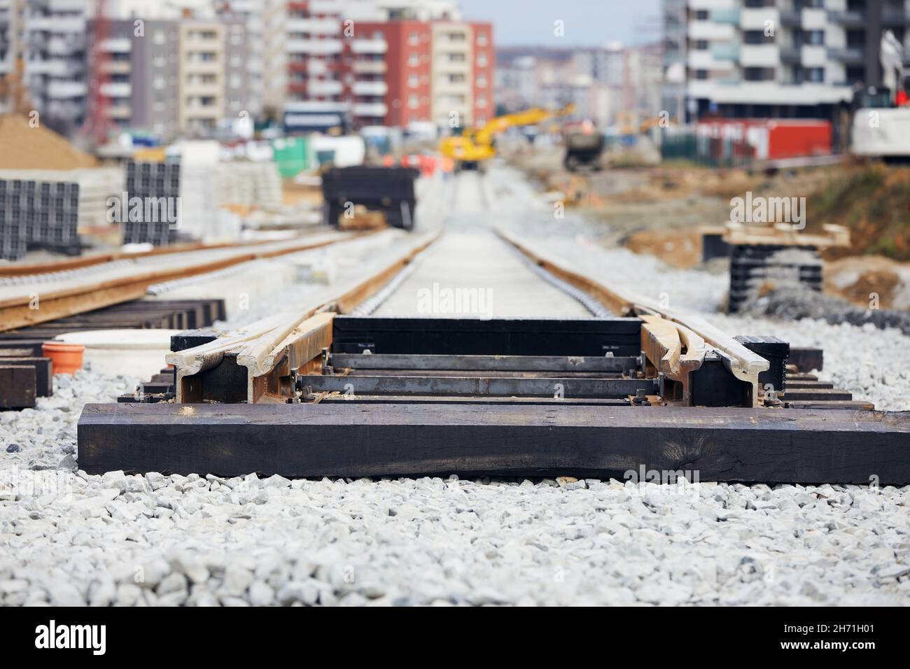 Construction site of railroad track. Building of new tram connection in ...