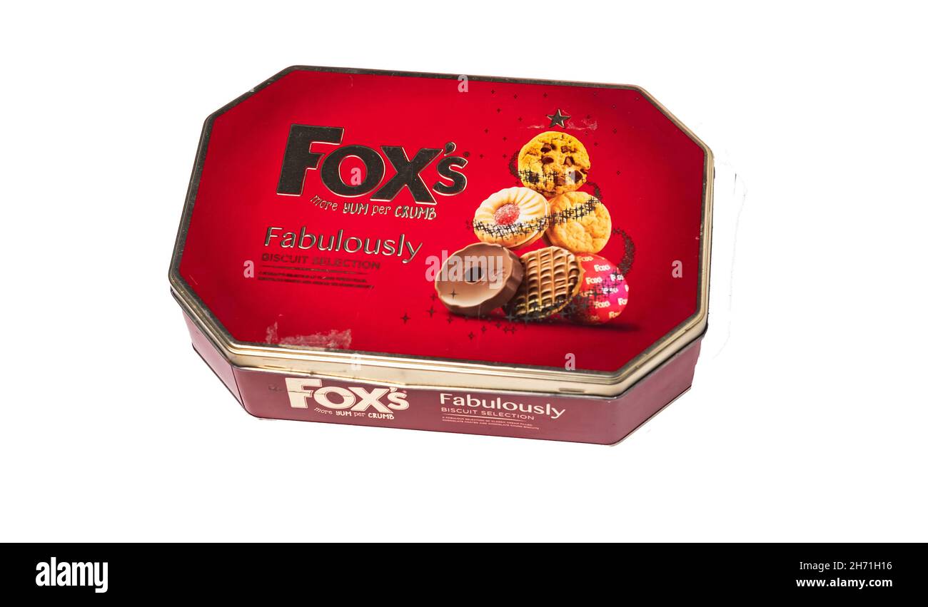 Norwich, Norfolk, UK – November 15 2021. Metal tin or box of classic ...