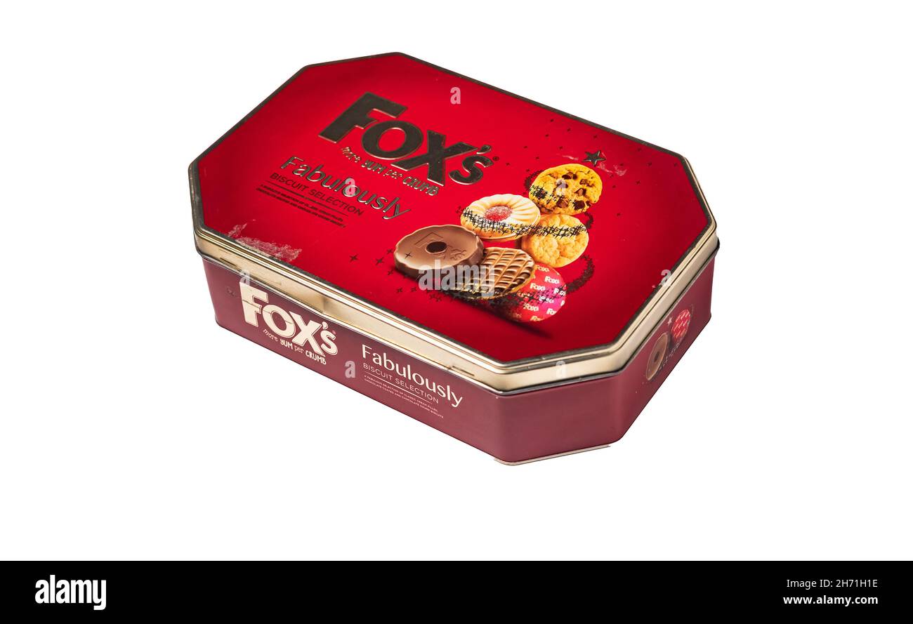 Norwich, Norfolk, UK – November 15 2021. Metal tin or box of classic ...