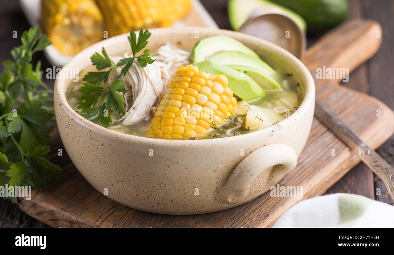 Traditional Ajiaco Colombiano - Colombian Soup with potato, chicken ...