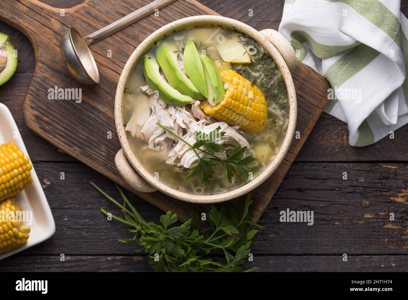 Traditional Ajiaco Colombiano - Colombian Soup with potato, chicken ...