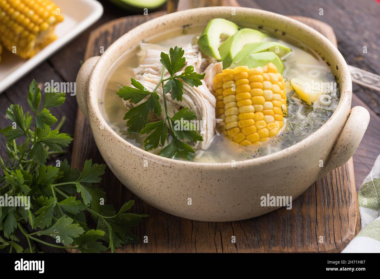 Traditional Ajiaco Colombiano - Colombian Soup with potato, chicken ...