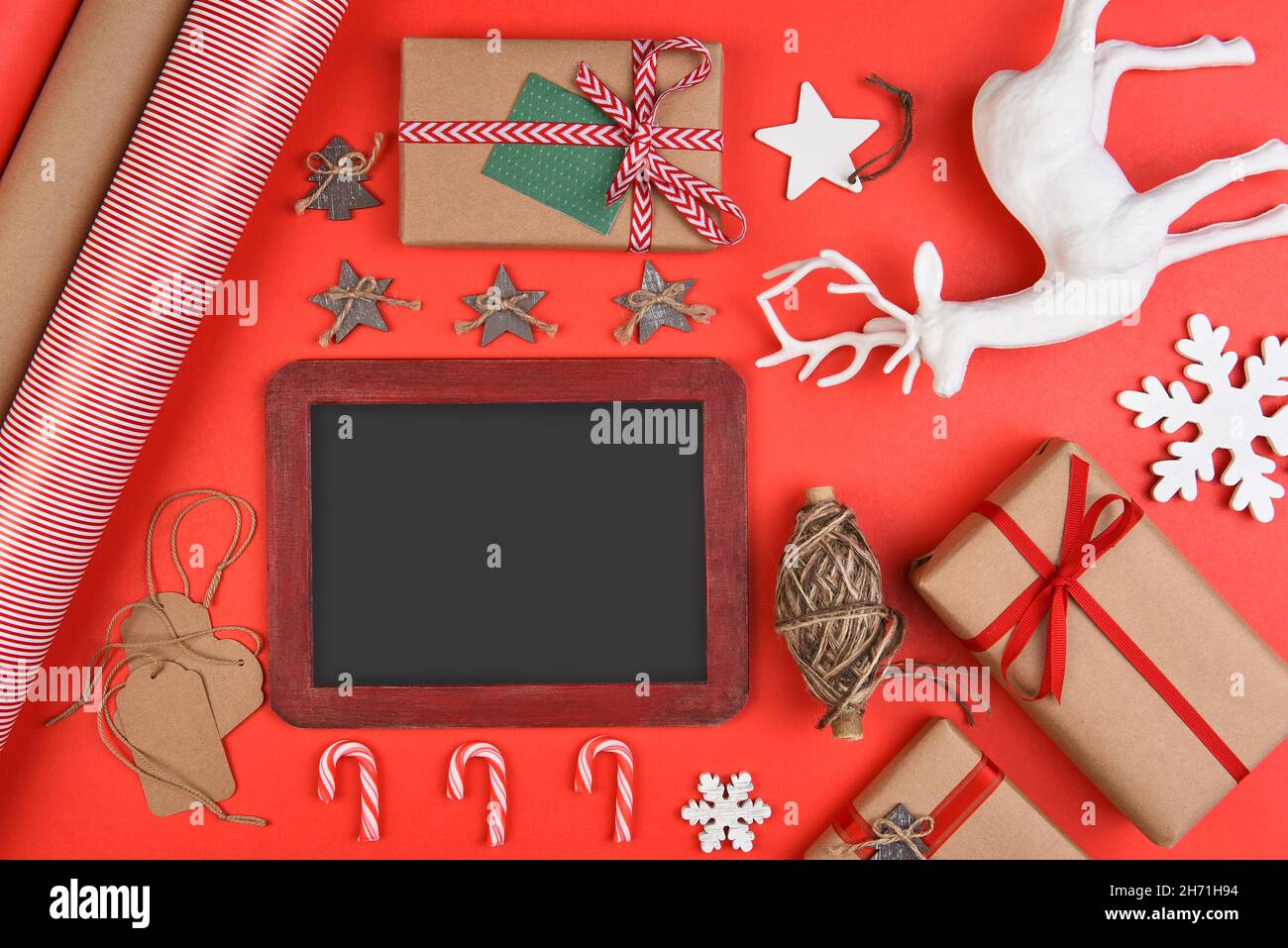 Christmas holiday flat lay composition filling the frame on a red ...