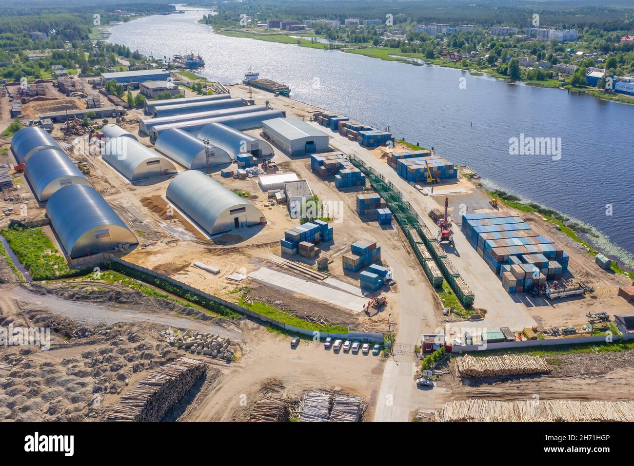 Small industrial port for timber logs and containers, loading and ...