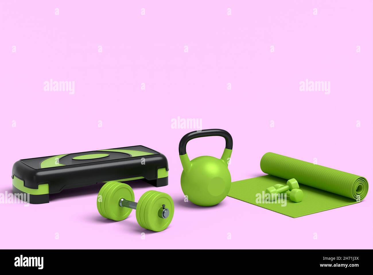 Isometric view of sport equipment like yoga mat, dumbbell and stepper ...
