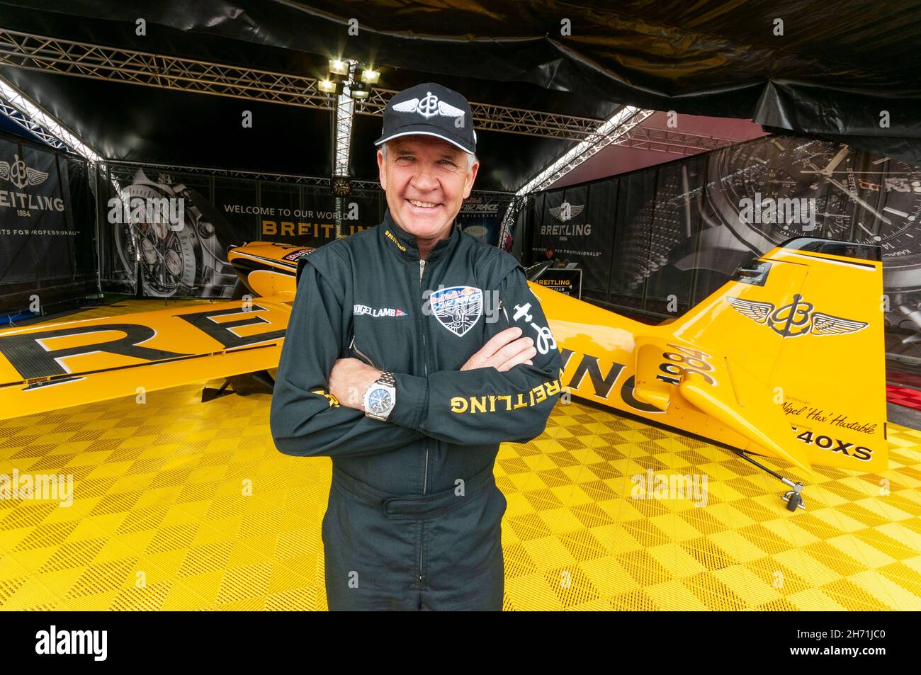 British pilot Nigel Lamb in the temporary hangar with Breitling ...