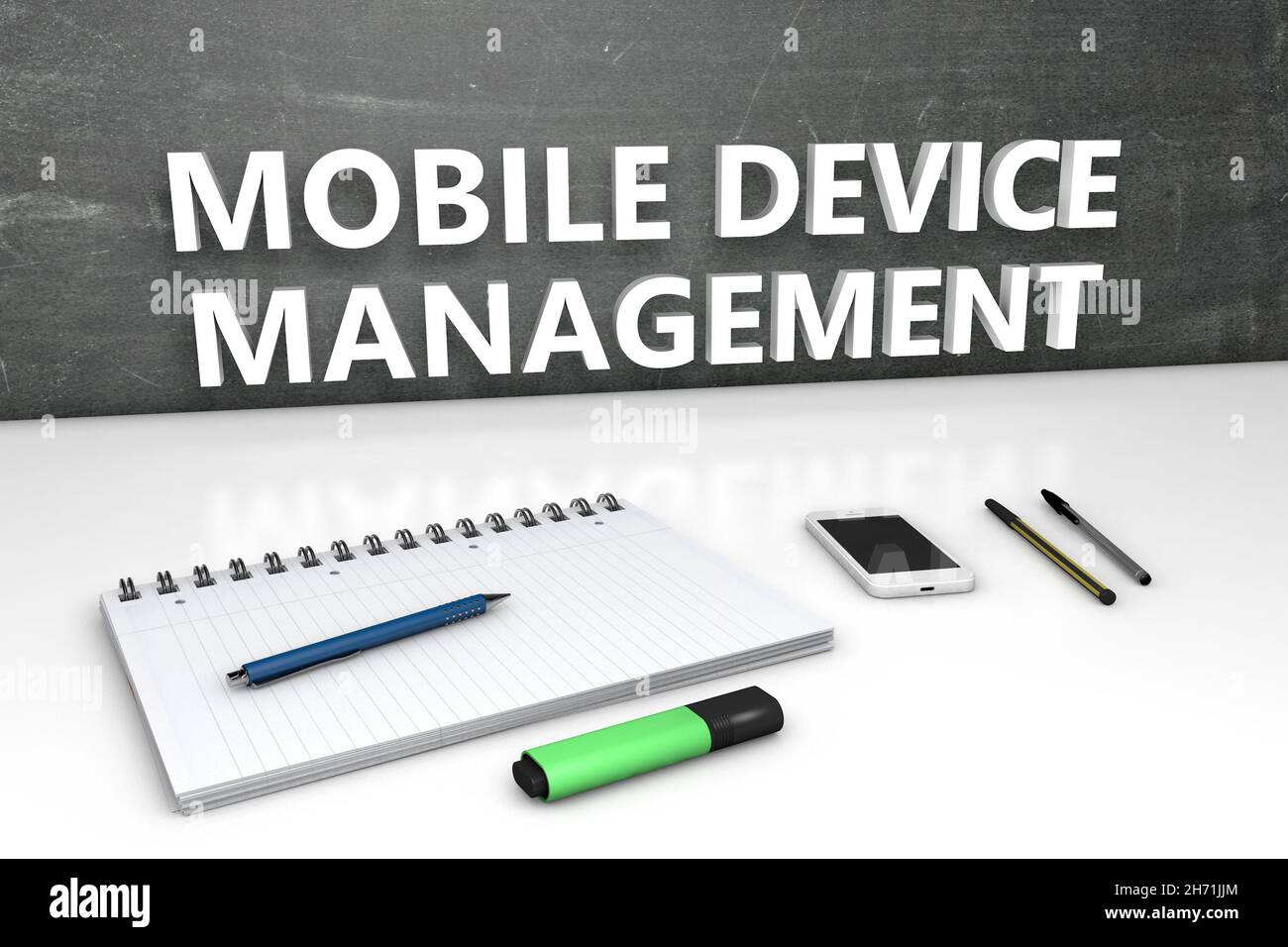 MDM - Mobile Device Management - text concept with chalkboard, notebook ...