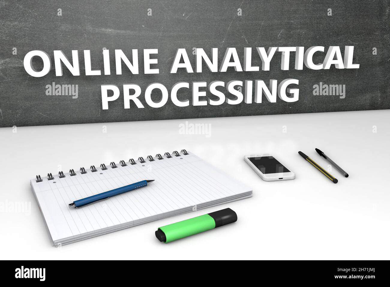 OLAP - Online Analytical Processing - text concept with chalkboard, notebook, pens and mobile ...