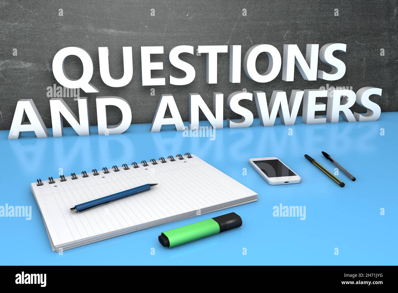 Questions and Answers - text concept with chalkboard, notebook, pens ...