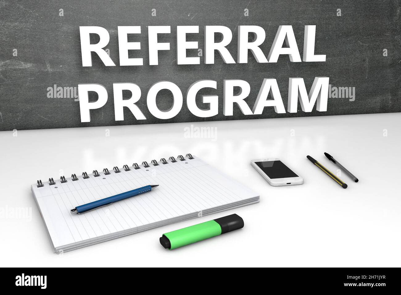 Referral Program - text concept with chalkboard, notebook, pens and ...