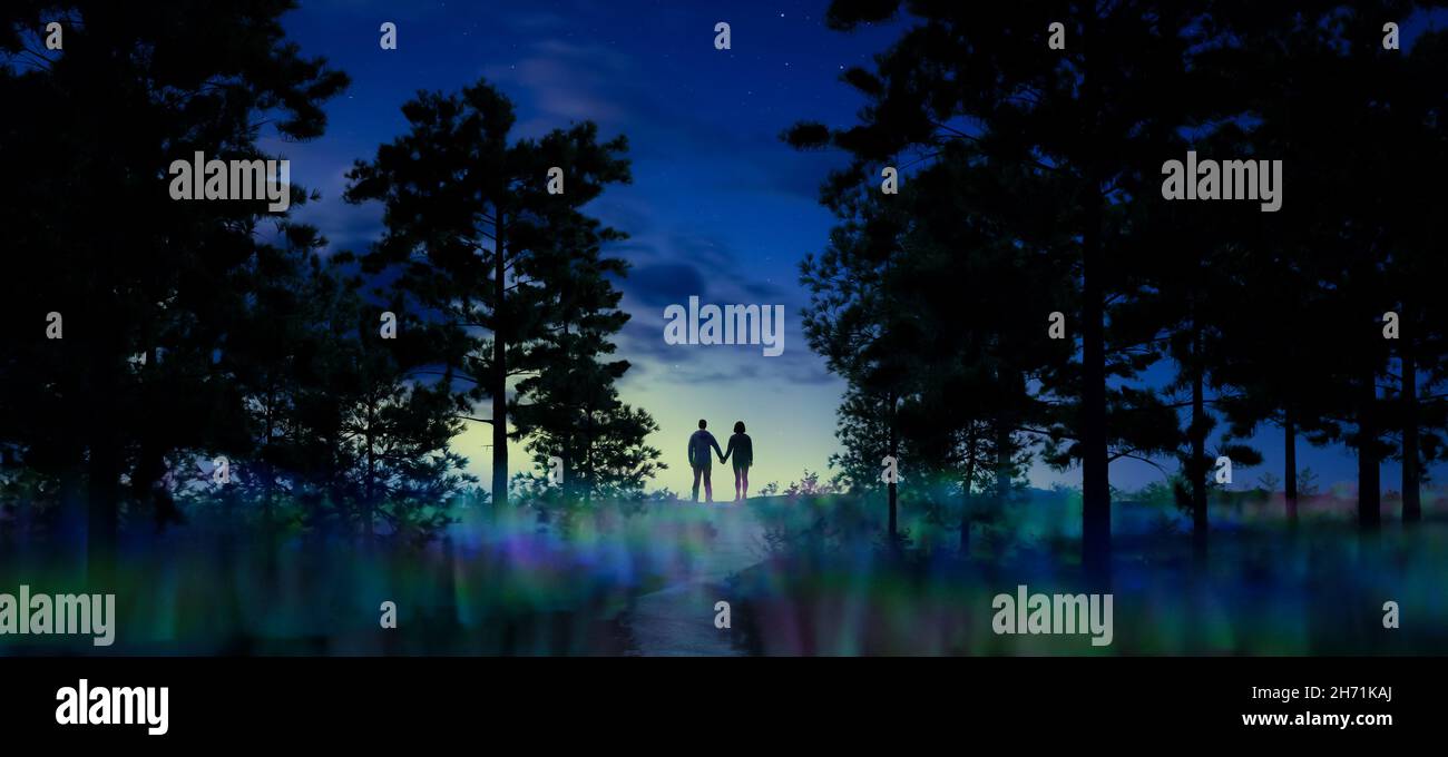 Magical night scene in nature. Mountain landscape with big moon in sky ...