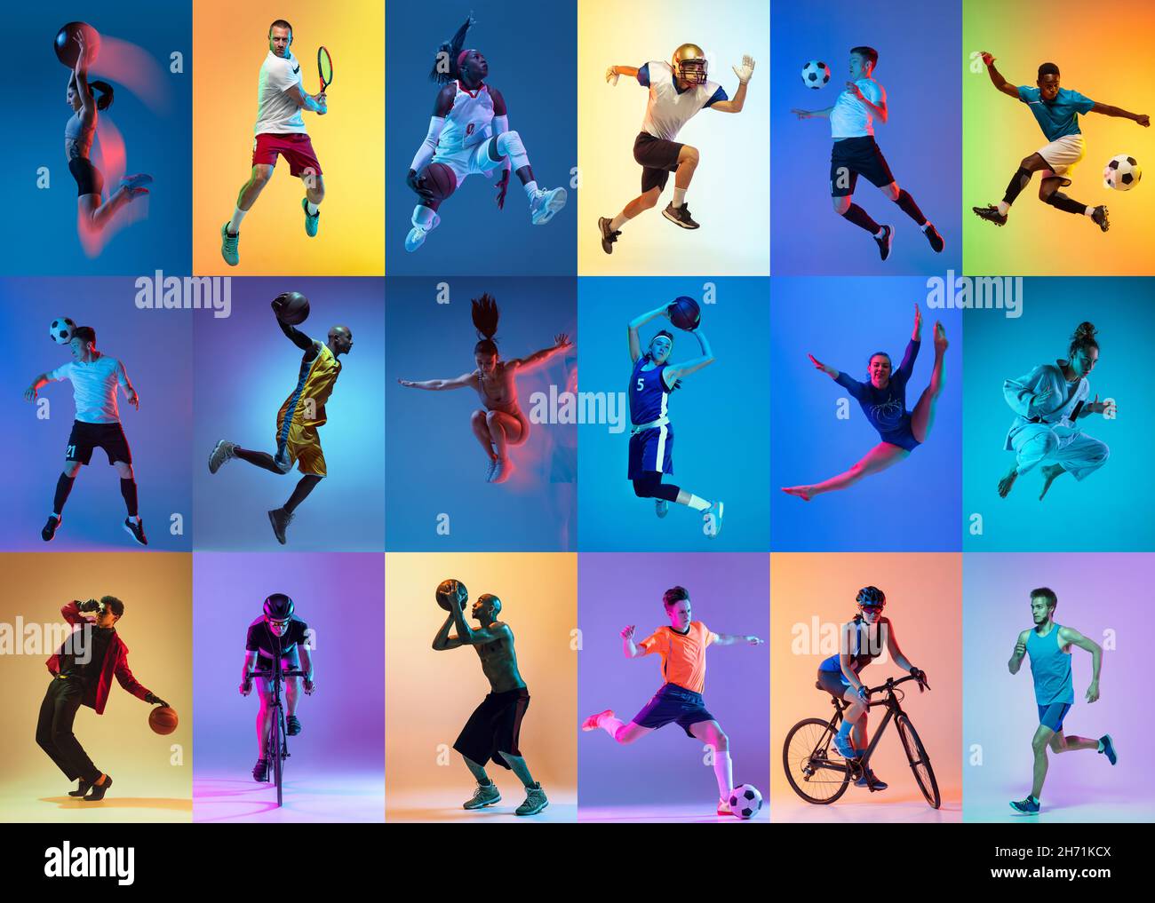 Collage of different professional sportsmen, fit people in action ...