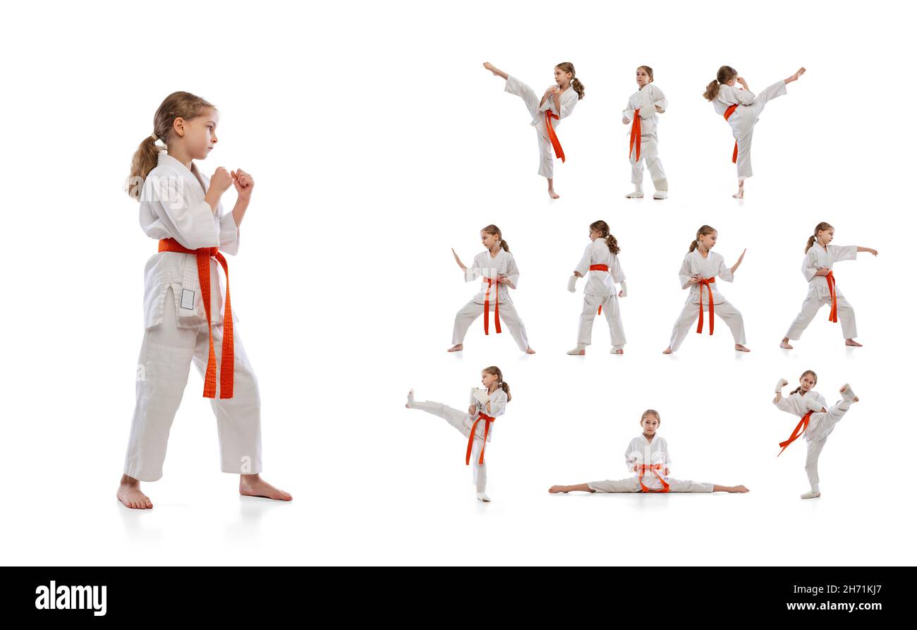 Development of movements in sport training. Little girl, young karate ...