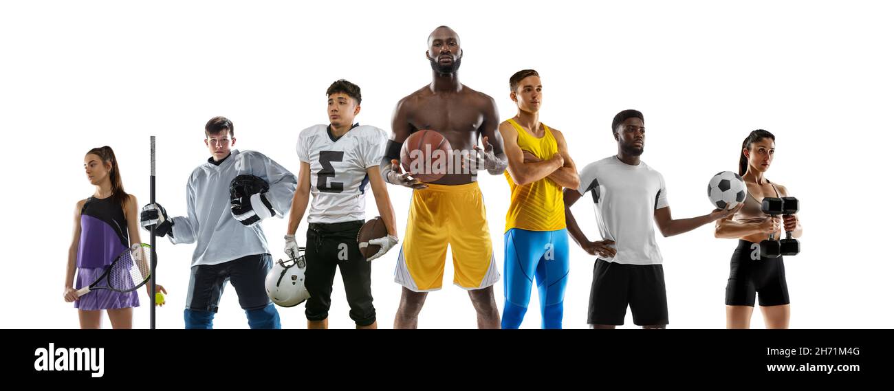 Multiethnic sport team. Tennis, hockey, soccer football and basketball ...