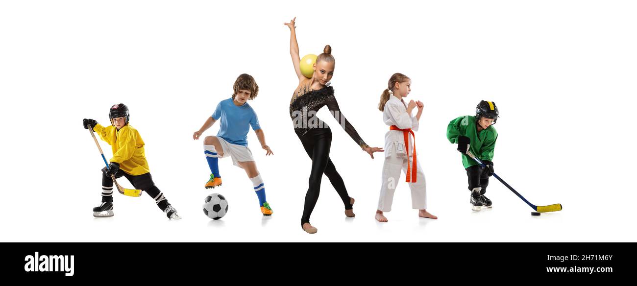 Kids sport collage. Little sportsmen. Hockey players, karate and ...
