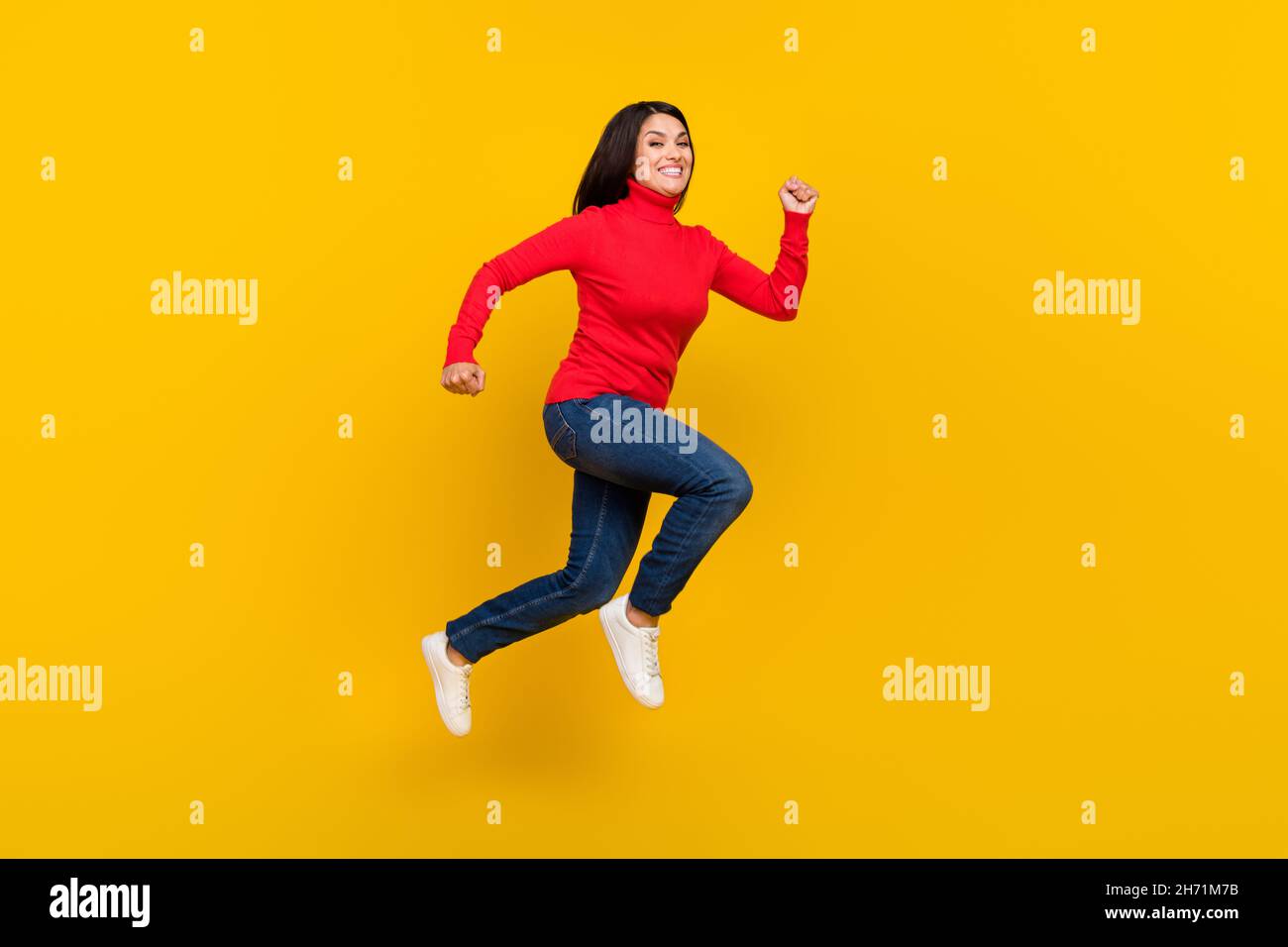 Full body profile portrait of carefree cheerful person running have ...