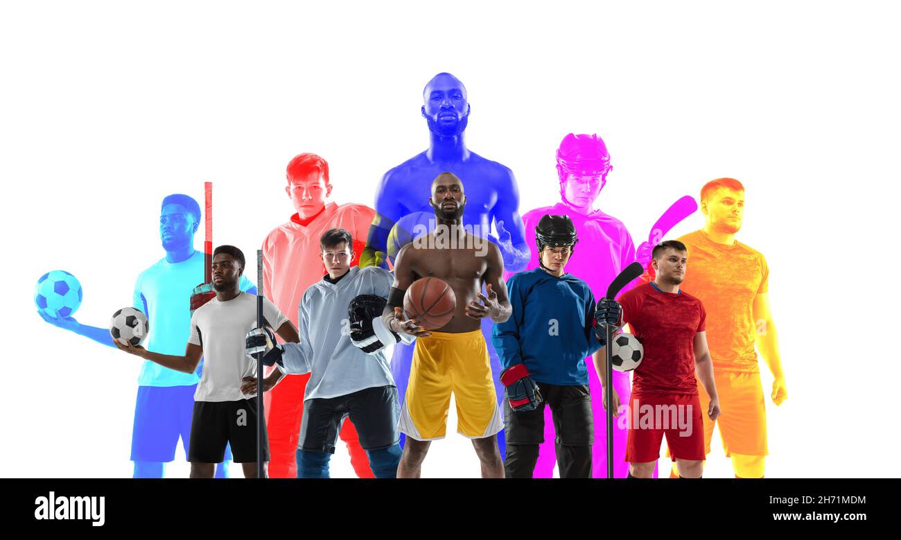Sport collage. Hockey, soccer football and basketball players standing ...