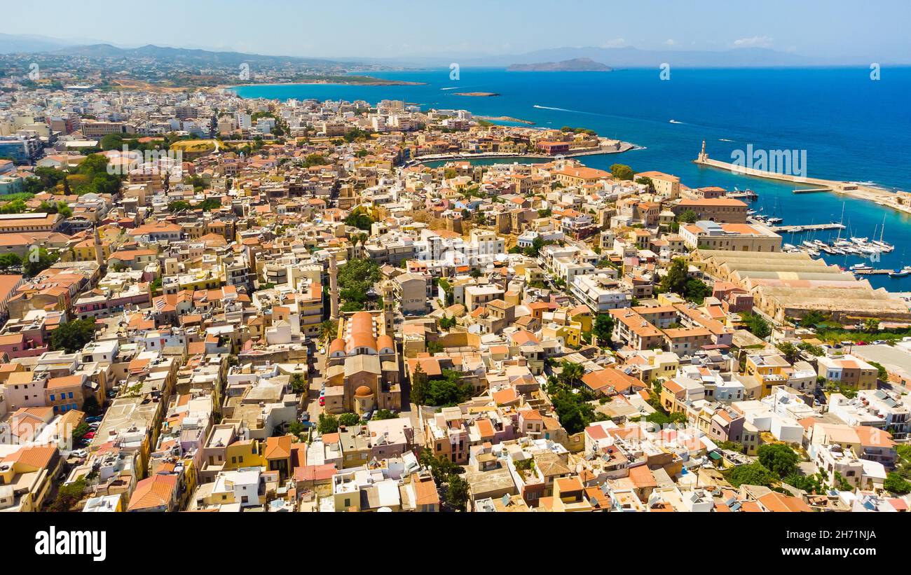 Panoramic aerial view from above of the city of Chania, Crete island ...