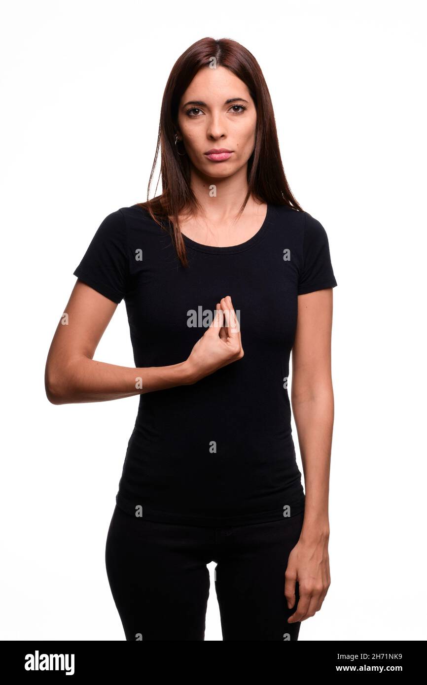 Isolated in white background brunette woman saying worried in spanish ...