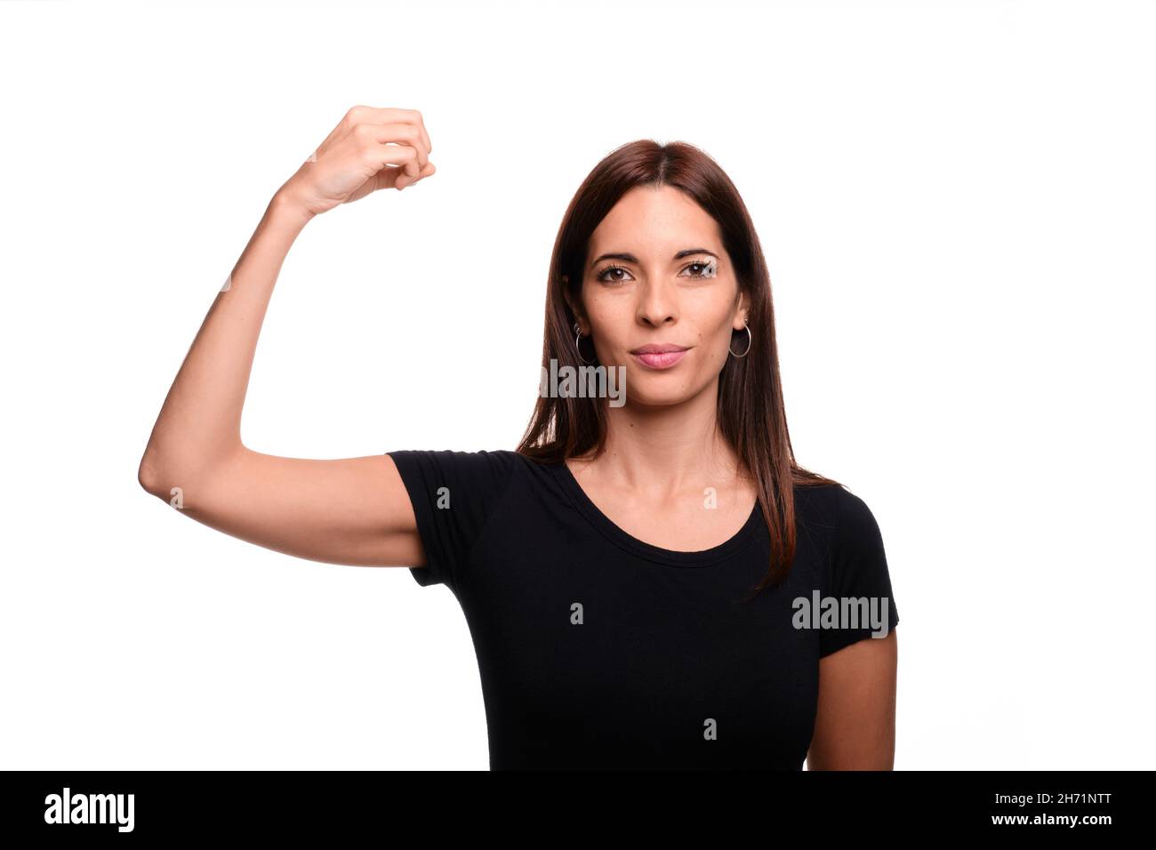 Isolated in white background brunette woman saying sun in spanish sign ...