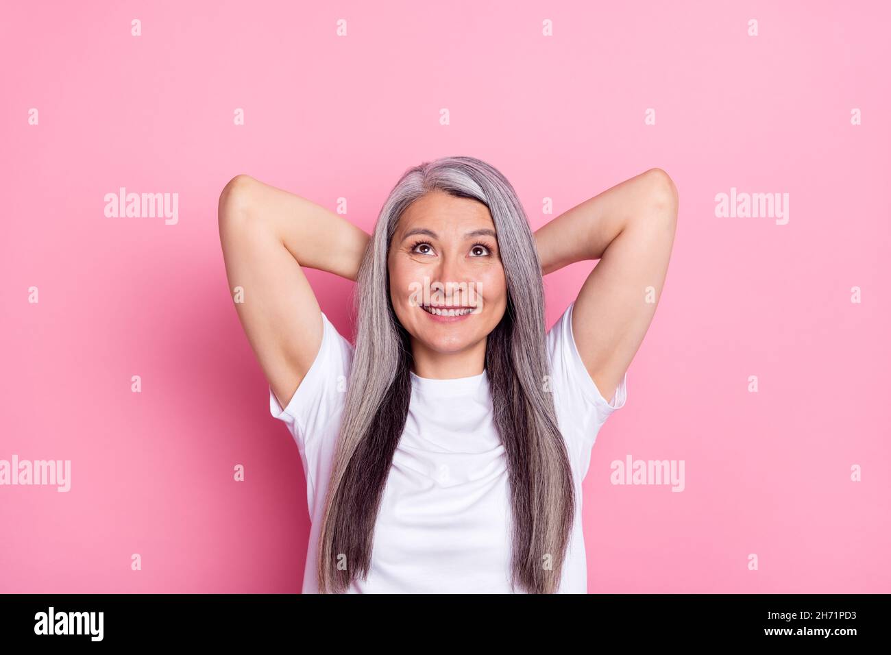 Photo portrait of grandmother with grey hair tired relaxing laying ...