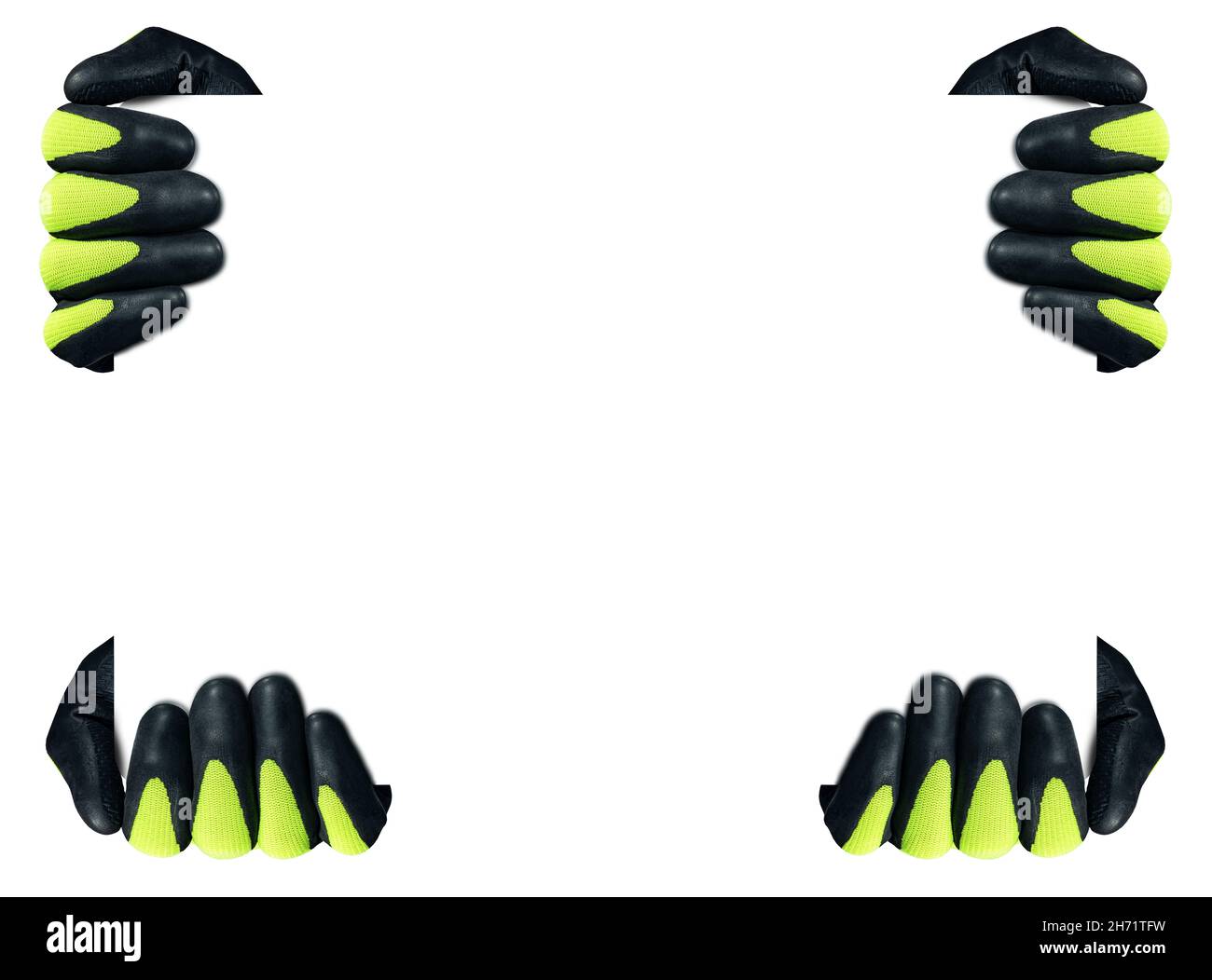 Group of four hands with green and black work gloves holding a blank ...