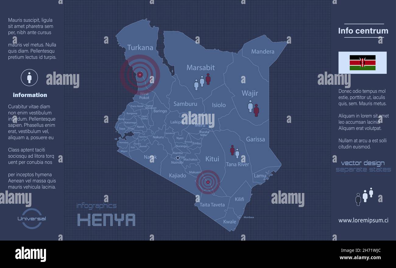 Kenya map, separate regions with names, infographics blue flat design ...