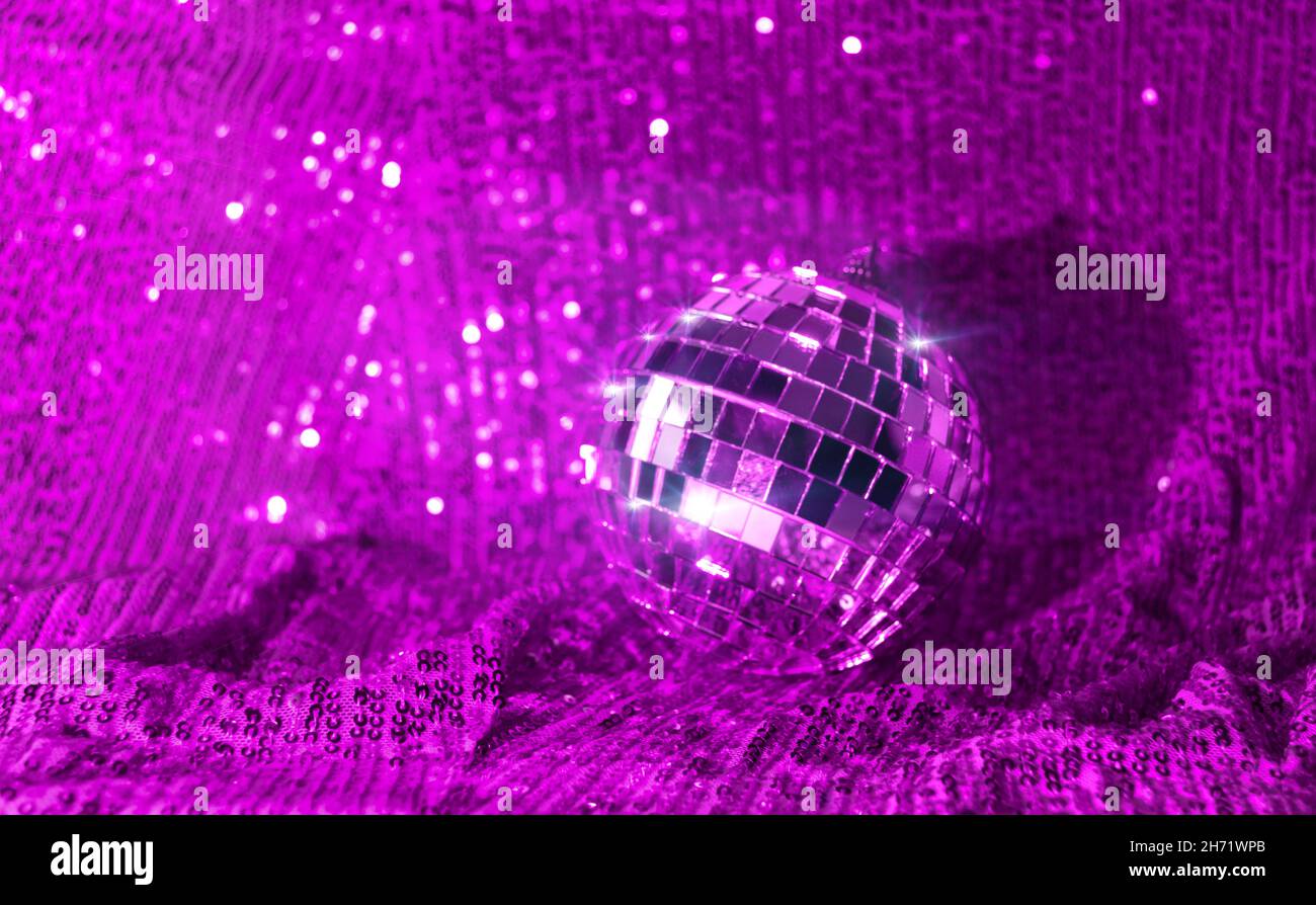 Disco ball on trendy background violet w sparkles and bokeh. Template ...