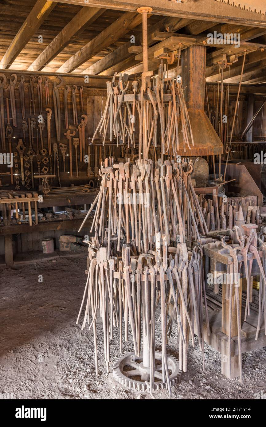 Blacksmith's tools in the blacksmith shop in the old ghost town of ...