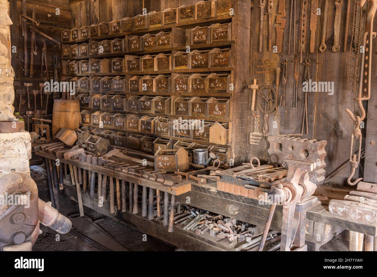 Tools and hardware in the blacksmith shop in the old ghost town of ...