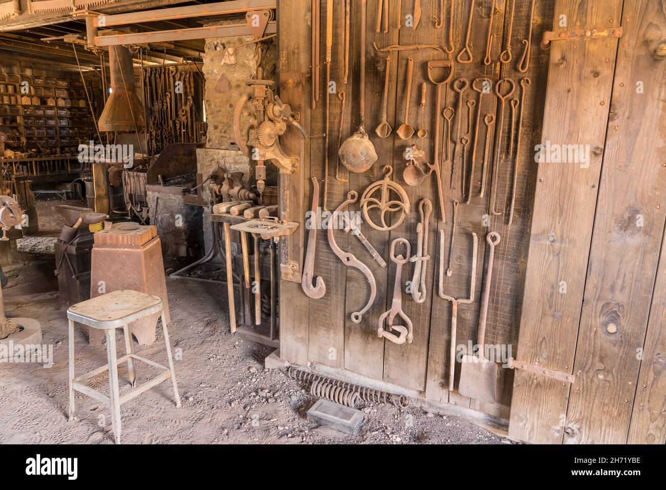 Blacksmith's tools in the blacksmith shop in the old ghost town of ...
