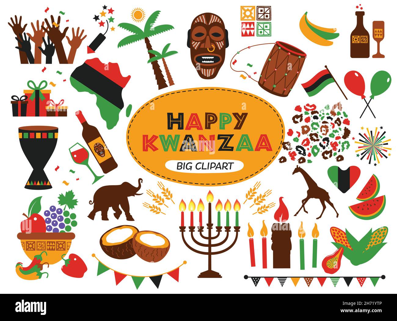 Vector collection of Happy Kwanzaa. Holiday symbols on white background ...