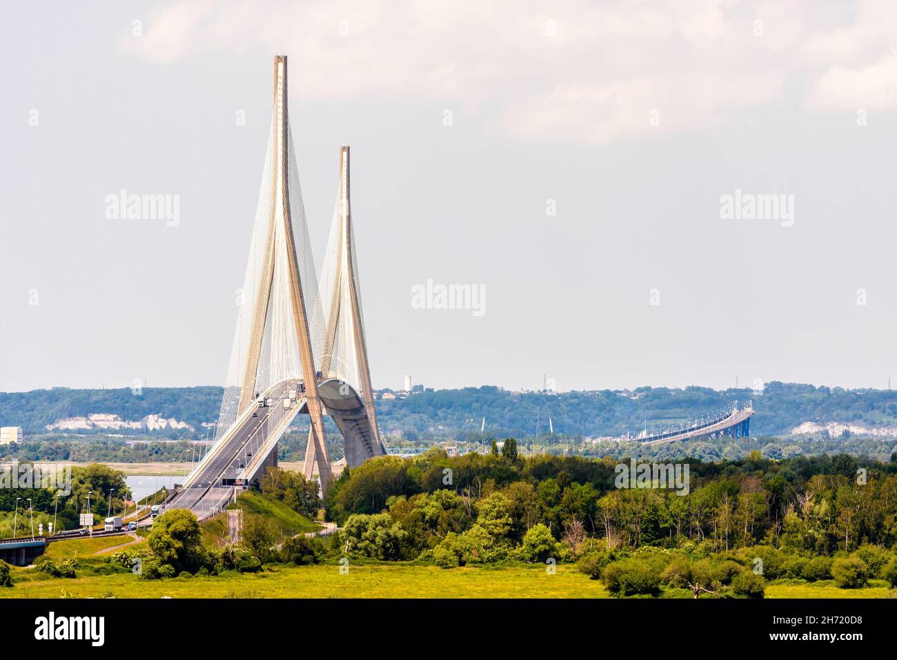 General view of the Normandy bridge, a cable-stayed road bridge over ...