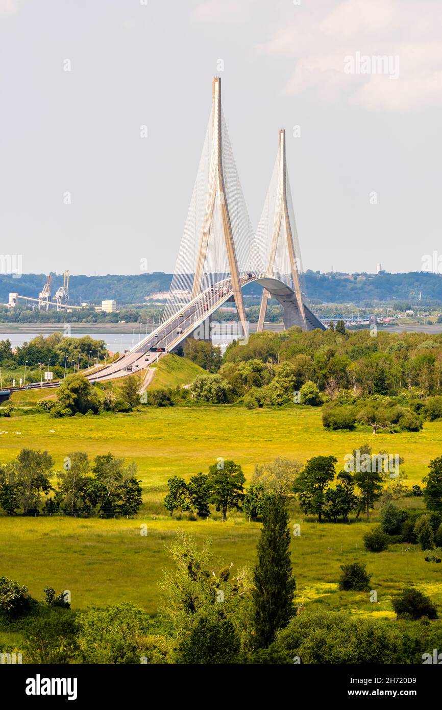 General view of the Normandy bridge, a cable-stayed road bridge over ...