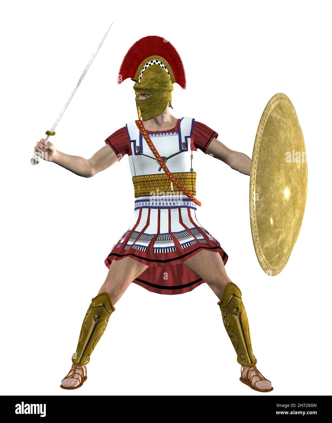 Digitally rendered soldier of the ancient Rome with golden shield and ...