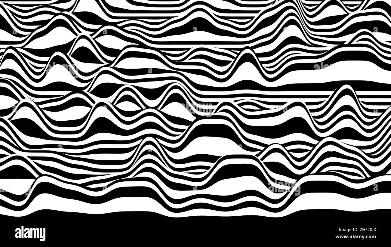 Trendy 3D black and white stripes distorted backdrop. Procedural ripple ...