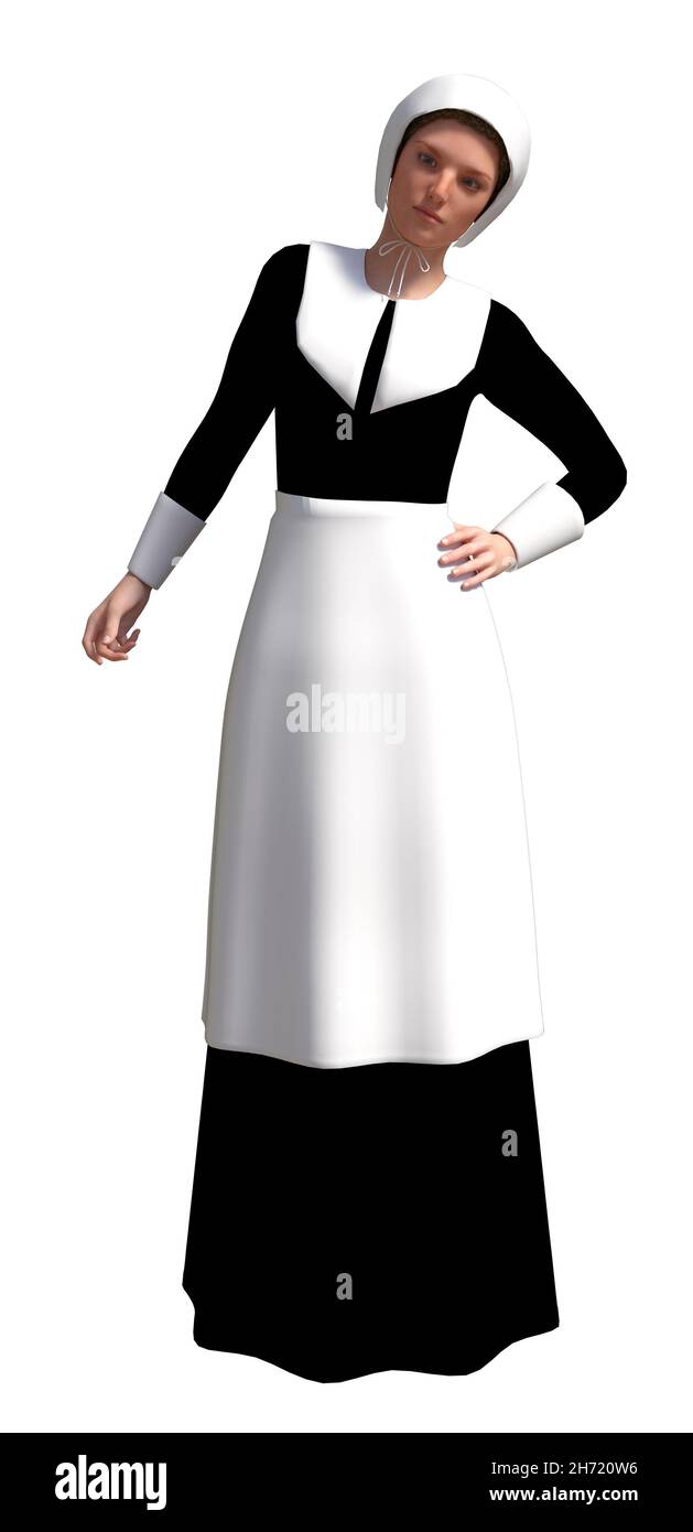 Digitally rendered woman wear old pilgrim costume, 3D Illustration ...