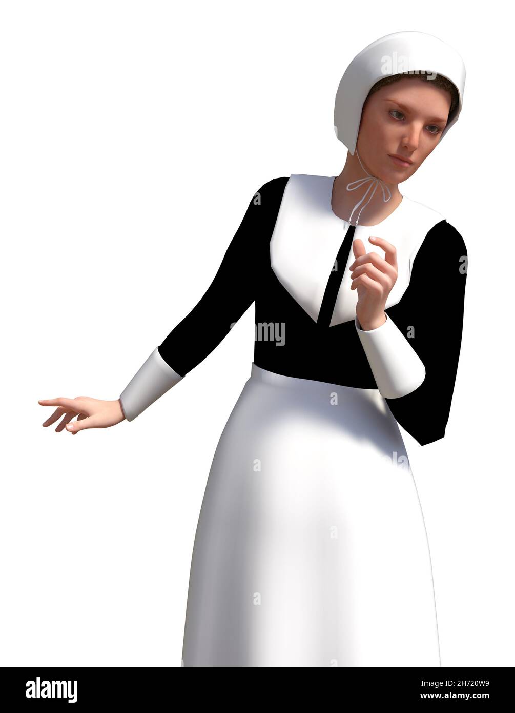 Digitally rendered woman wear old pilgrim costume, 3D Illustration ...