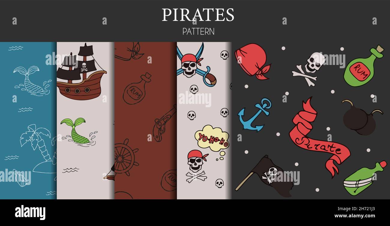 Vector doodle set of pirate seamless patterns. A map with a hand-drawn ...