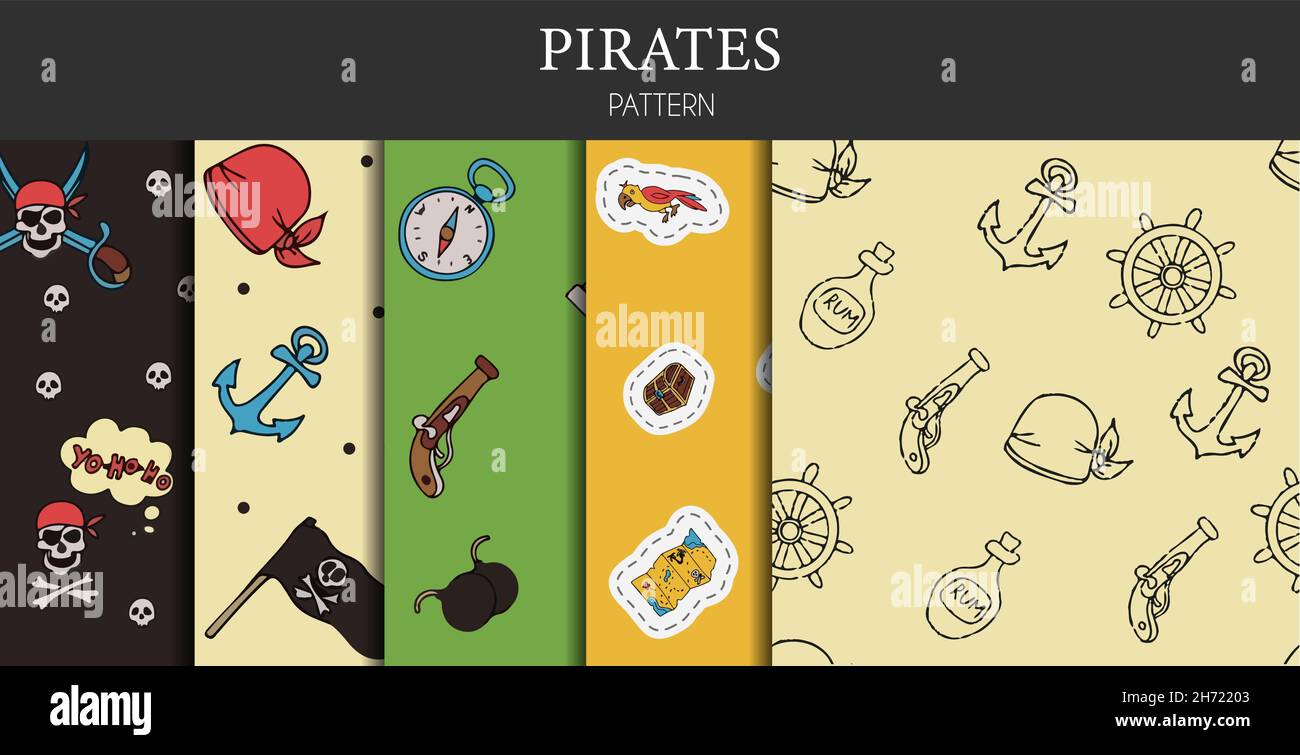 Vector doodle set of pirate seamless patterns. A map with a hand-drawn ...