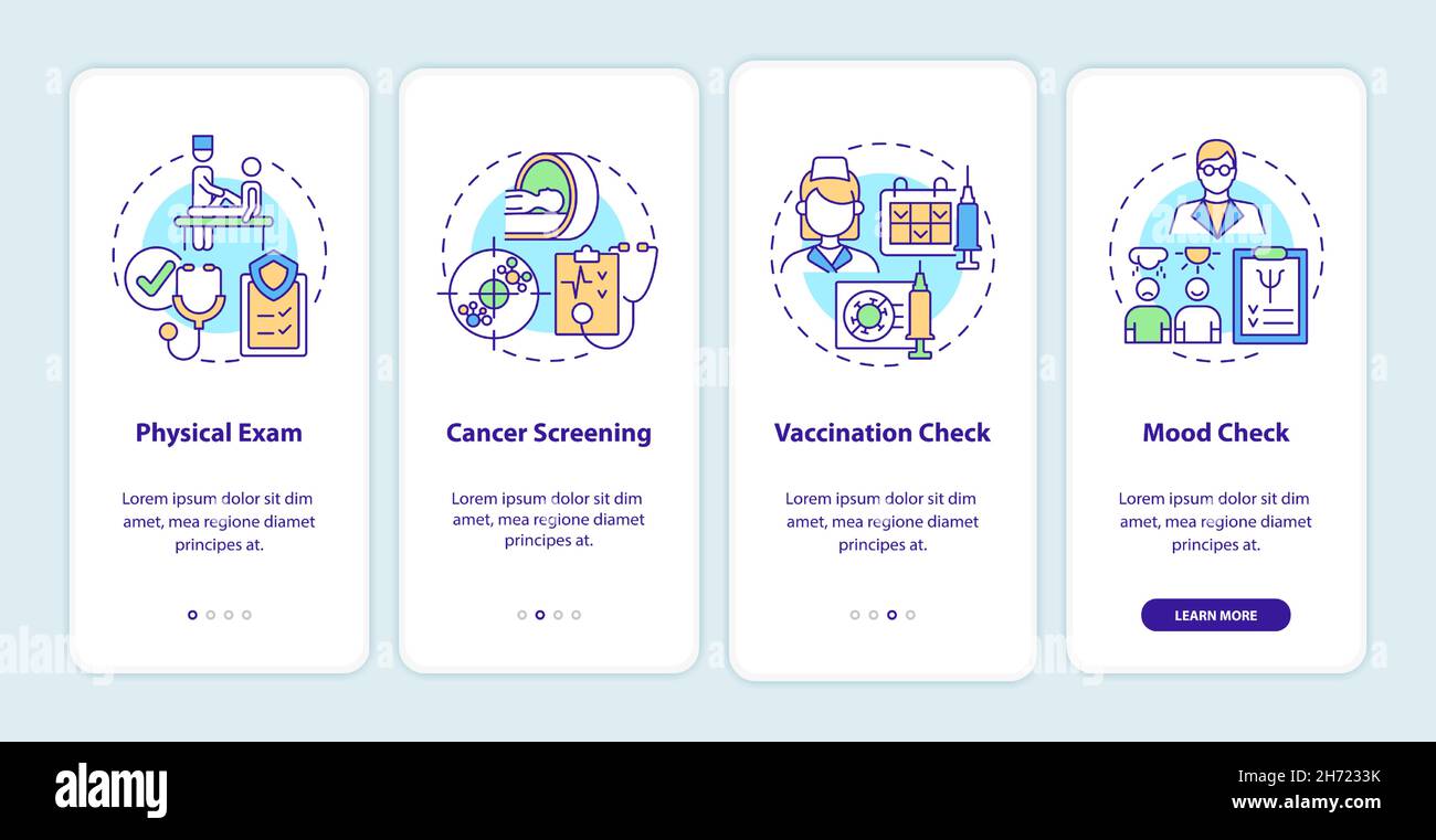 Physical examination components onboarding mobile app page screen Stock ...